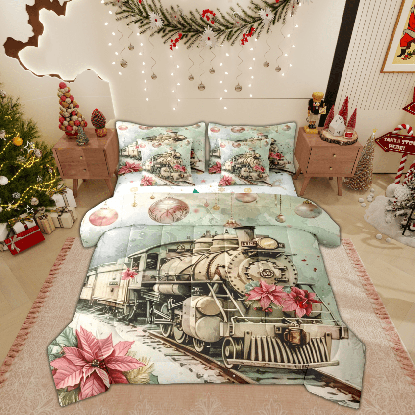 Manfei Teens Vintage Train Bedding Comforter Set 7 Pieces, Steam Engine ...