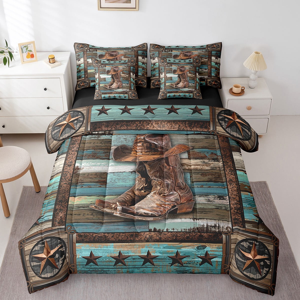 Manfei Texas Stars Bed in a Bag Twin size, Western Cowboy Boot Bed Set ...