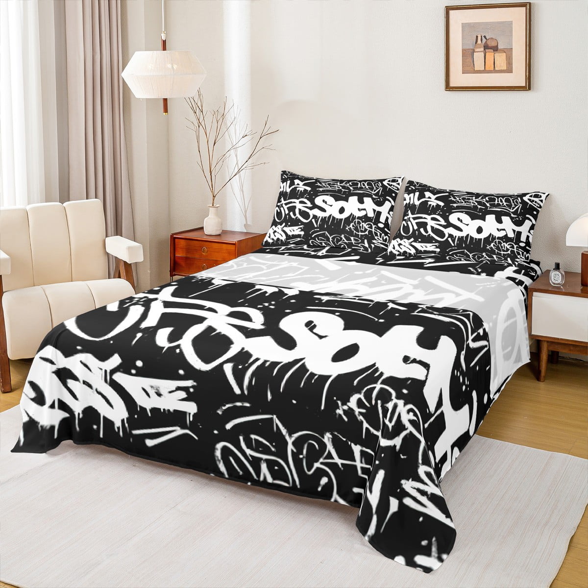 Manfei Text Graffiti Queen Sheet Sets,Modern Abstract Desgin Flat Sheet ...