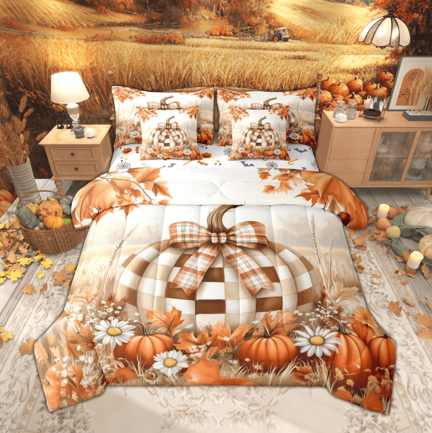 Manfei Thanksgiving Pumpkin Bedding Comforter Set 7-Piece, Kawaii Bow ...