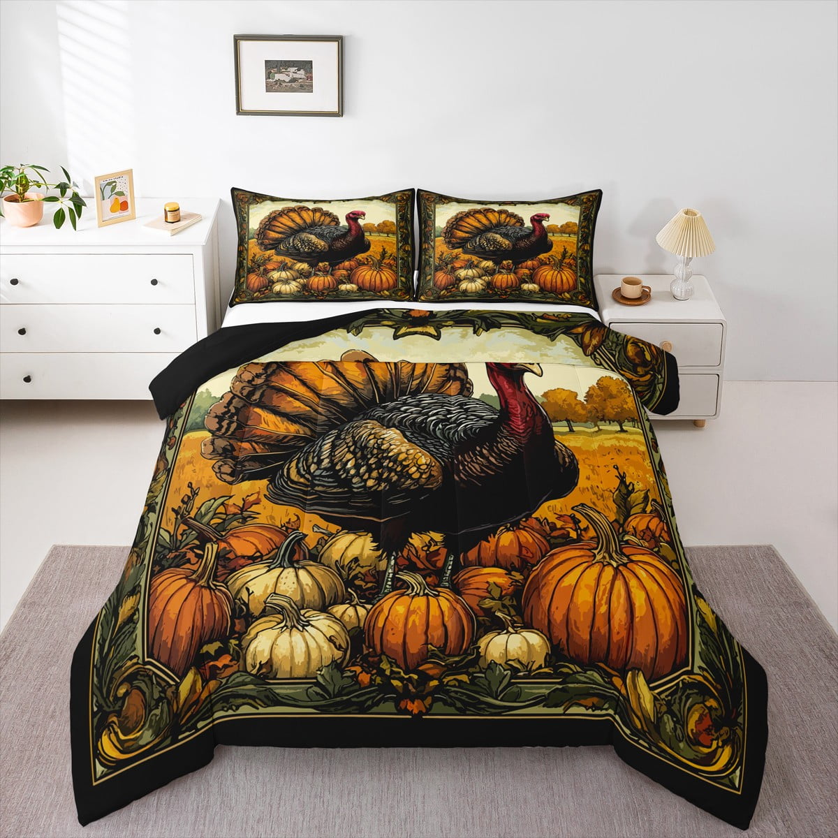 Manfei Thanksgiving Turkey Full Size Comforter Sets,Autumn Fall Pumpkin ...