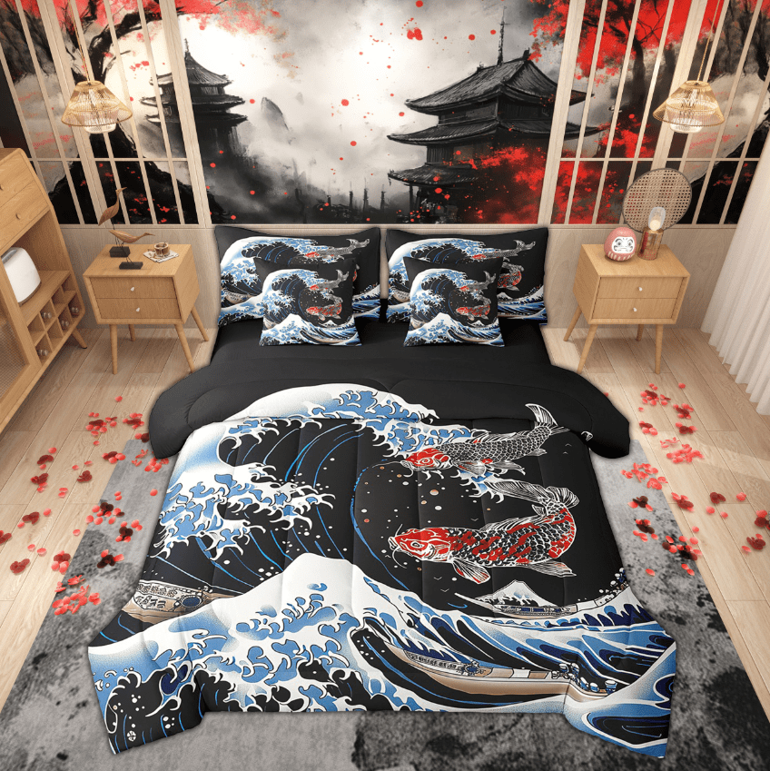 Manfei Tokyo Sea Waves Bedding Sets Queen Size, Japanese Style Bed in a Bag Queen size, Cartoon ...
