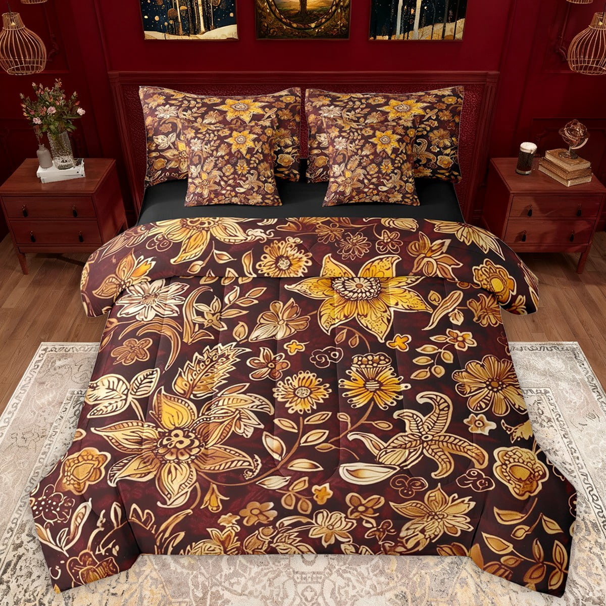 Manfei Traditional Floral Flower Bedding Comforter Set 7-Piece for ...