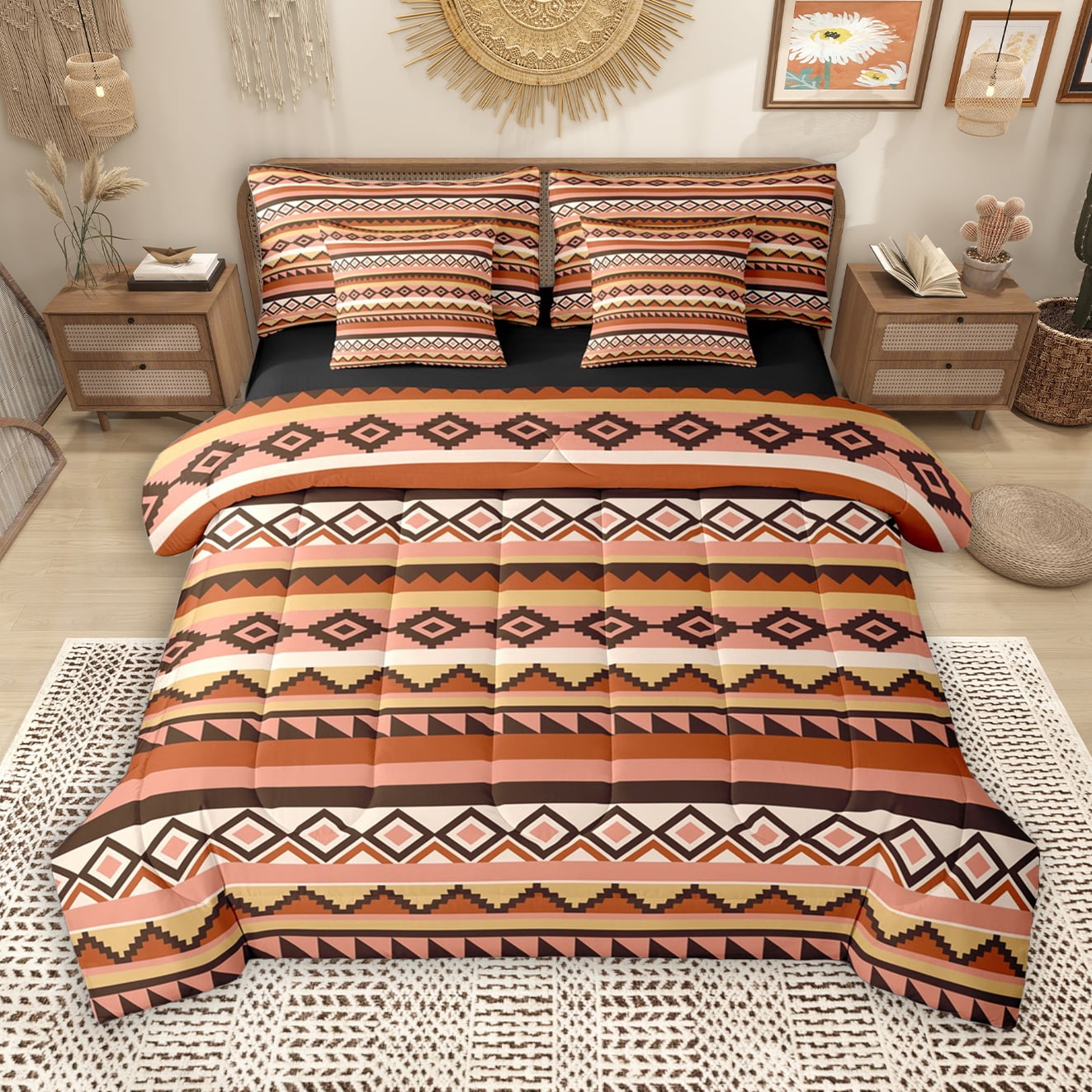 Manfei Tribal Aztec Abstract 7-Piece Twin Bedding Sets, Orange Triangle ...