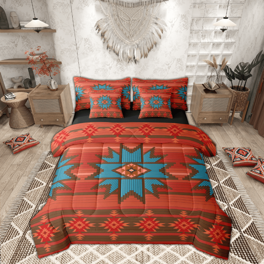 Manfei Tribal Aztec Teens Bedding Comforter Set 7pcs, Orange Geometric ...