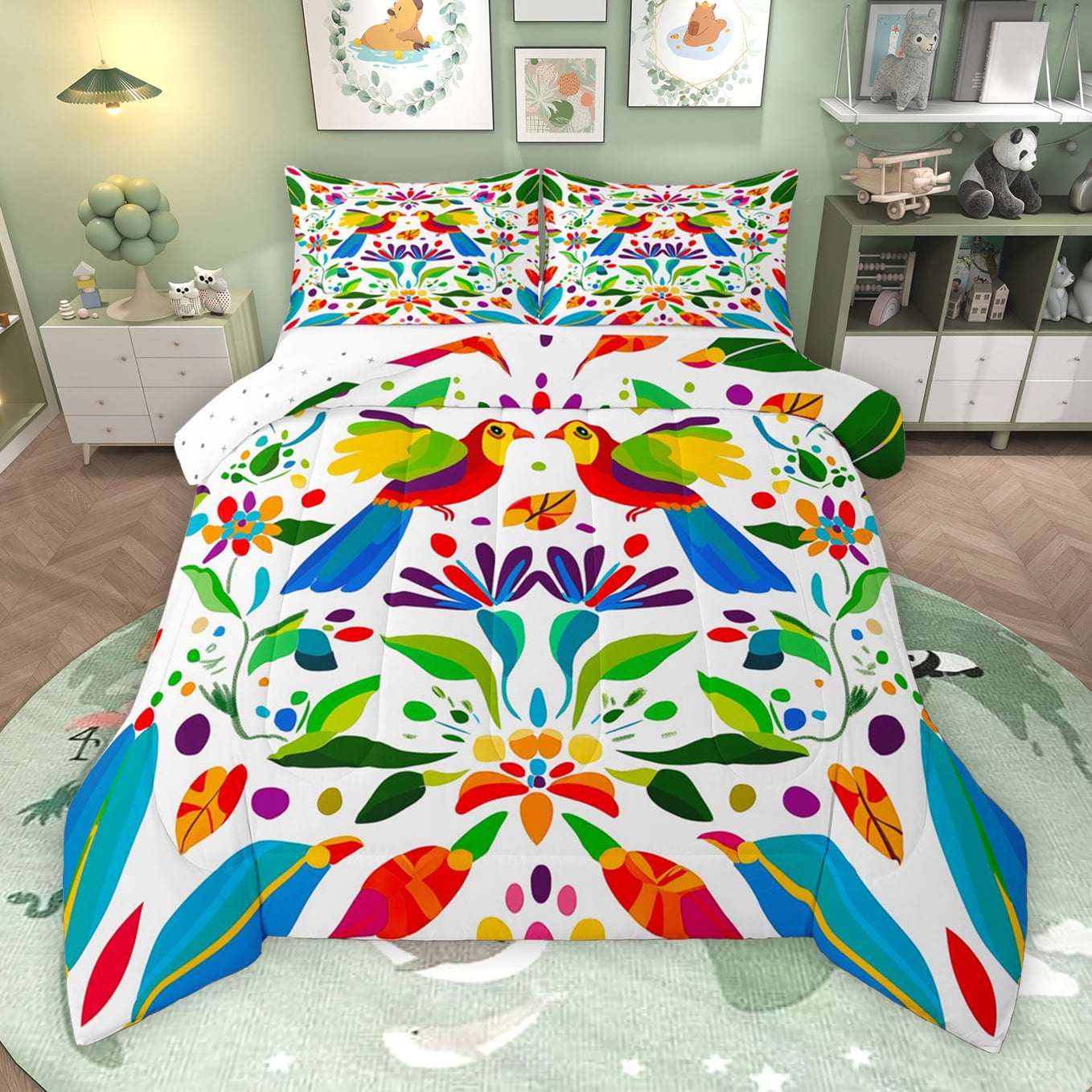 Manfei Tribal Cartoon Bird Queen Comforter Set, Rustic Farmhouse Flower ...