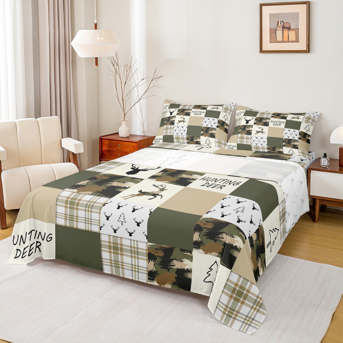 Manfei Tribal Deer Twin Sheet Sets, Wheat Green Patchwork Buffalo Twin ...