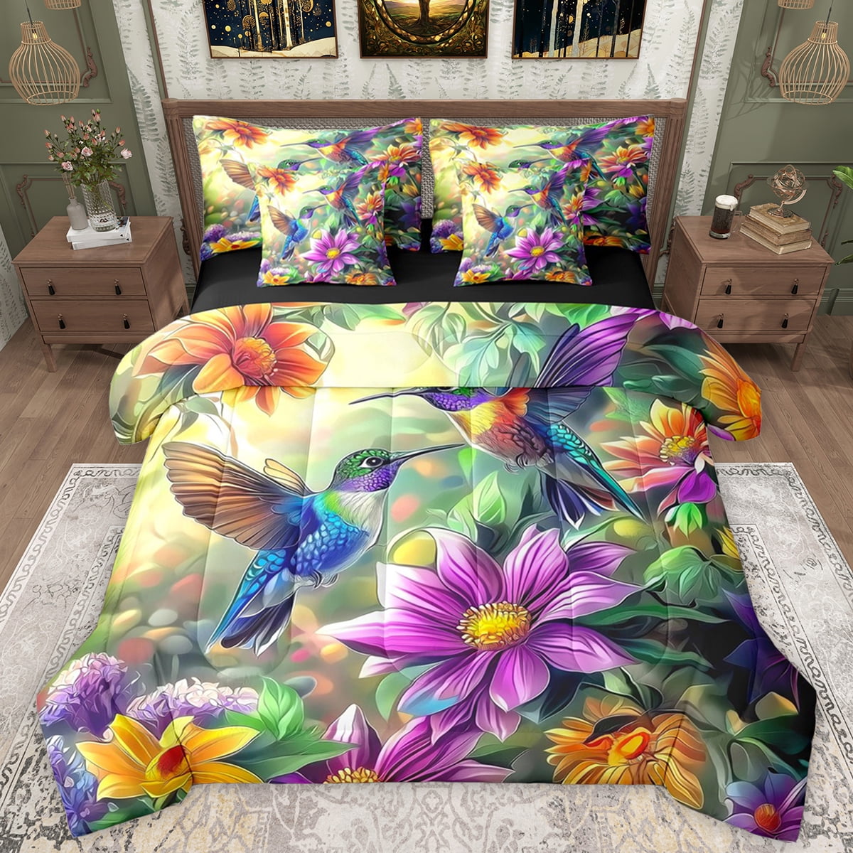 Manfei Tribal Hummingbird Bedding Comforter Set 7pcs for Teens, Purple ...