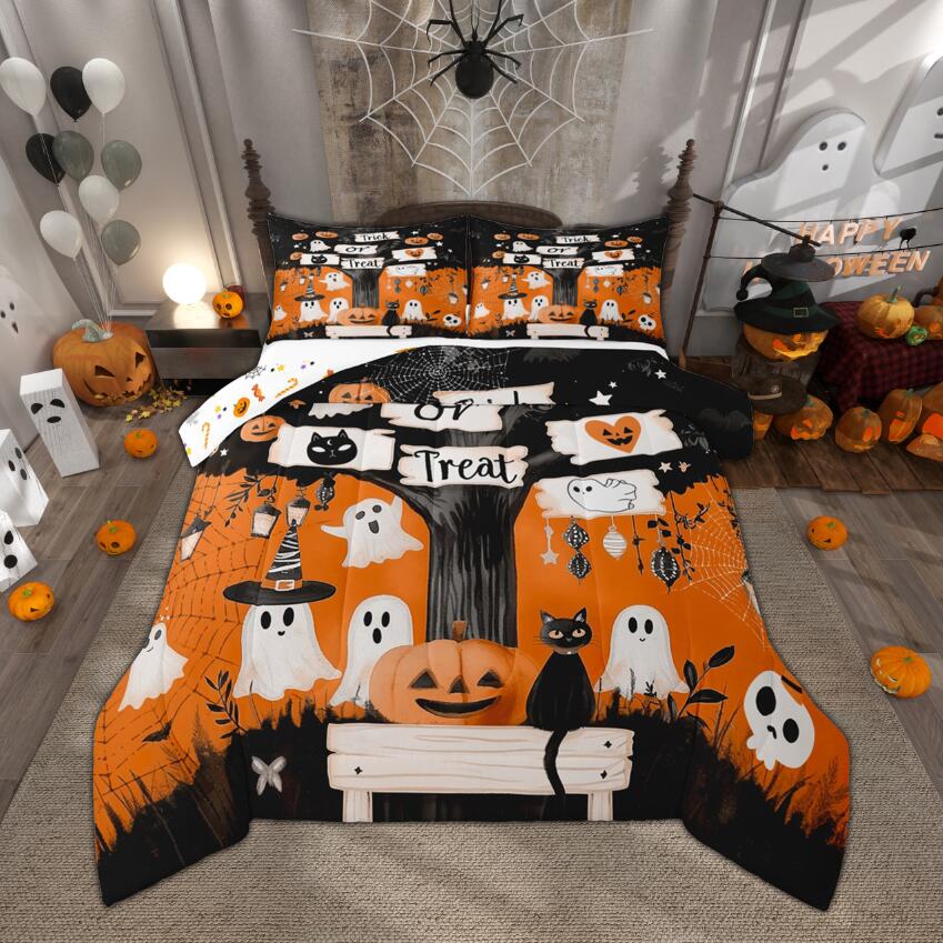 Manfei Trick or Treat Print Queen Comforter Set, Cartoon Ghost Spooky ...