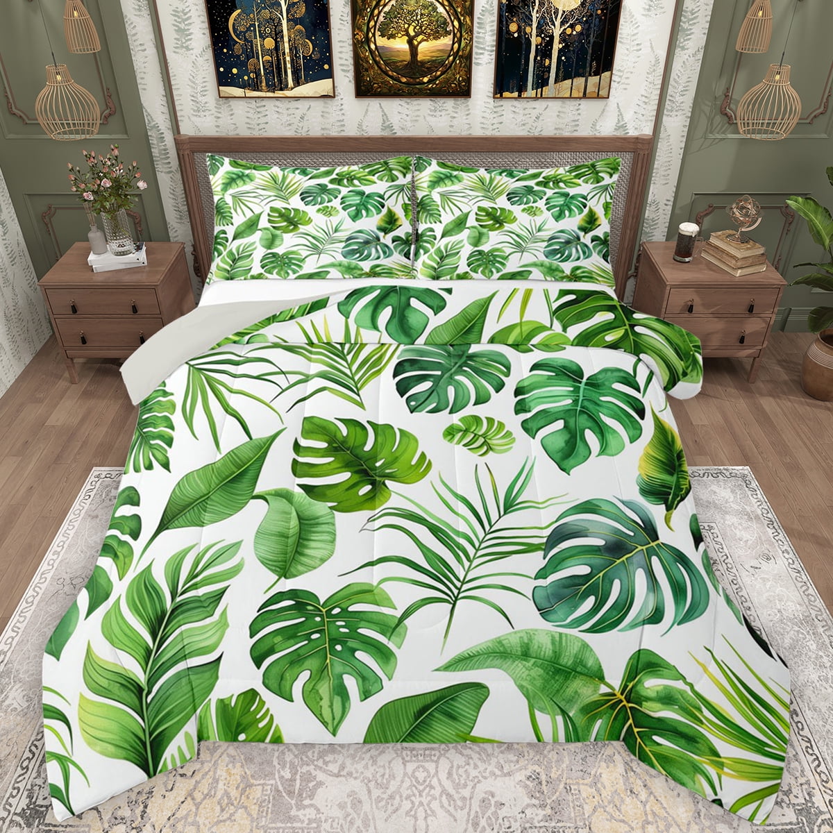 Manfei Tropical Botanical Leaves Queen Comforter Set,Monstera Leaf ...
