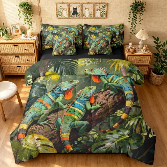 Manfei Tropical Jungle Lizard Queen Bedding, Jungle Flower Leaf Bedding ...