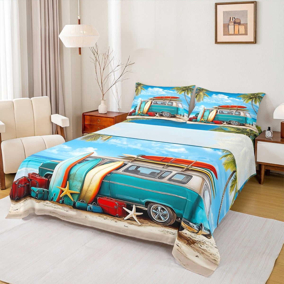 Manfei Tropical Leaves 4-Piece Full Size Sheets,Ocean Beach Bed Sheets ...