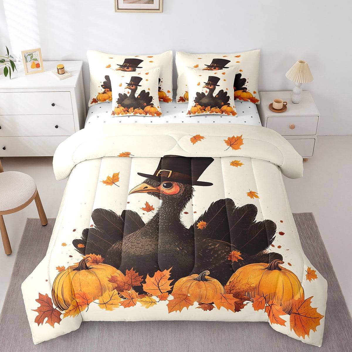 Manfei Turkey Pumpkin Bedding Sets King Size,Black Orange Bed in a Bag ...
