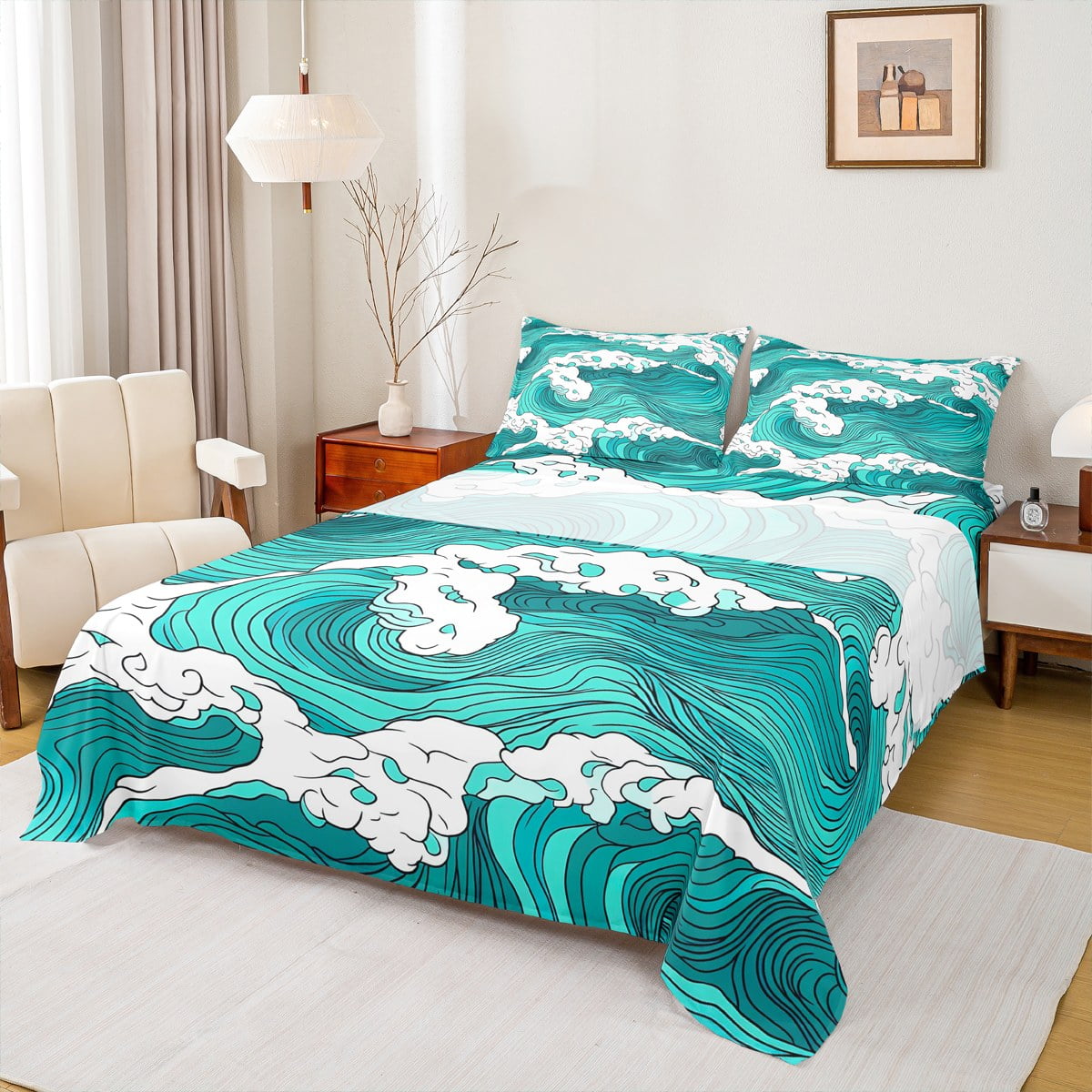 Manfei Turquoise Ocean Waves Full Size Sheets, Tokyo Marine Bed Sheets ...