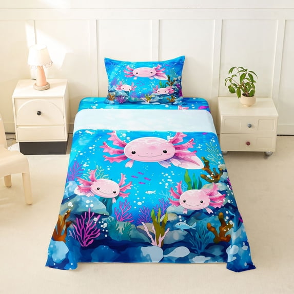 Manfei Underwater Family Art Twin Sheets,Watercolor Axolotl Bedding For ...