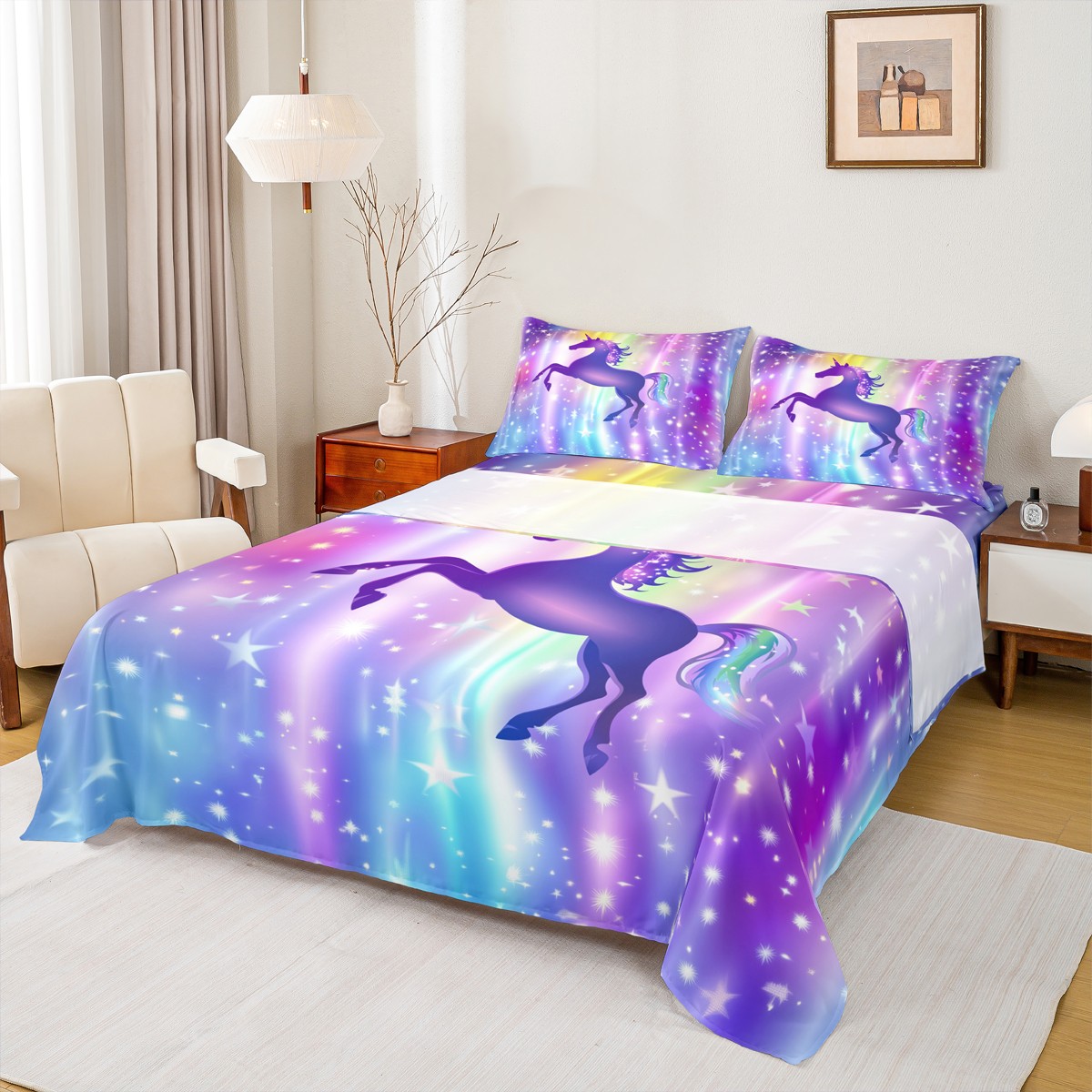 Manfei Unicorn Print Bed Sheets Set Full Size, Glitter Stars Galaxy ...