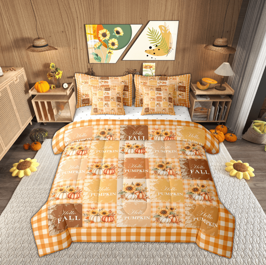 Manfei Vibrant Pumpkin Sunflower Twin Bedding Sets 7-Piece, Hello Fall ...
