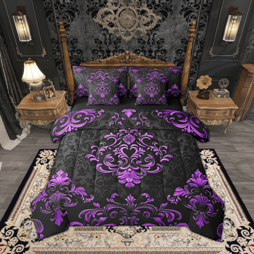 Manfei Victorian Damask 7pcs Bedding King Size, Vintage Baroque Floral ...