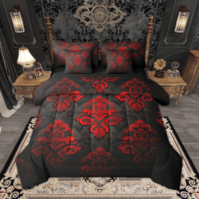 Manfei Victorian Damask Bedding Comforter Set 7pcs, Baroque Red Jaquard ...