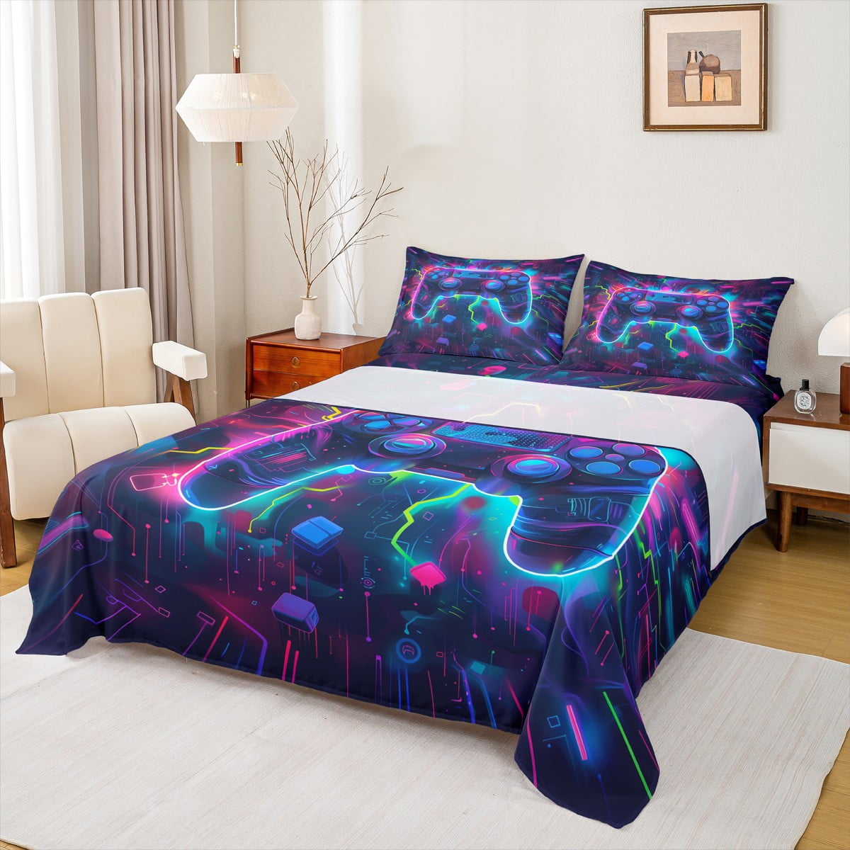 Manfei Video Game 4-Piece Full Size Sheets,Neon Light Bed Sheets,Game ...