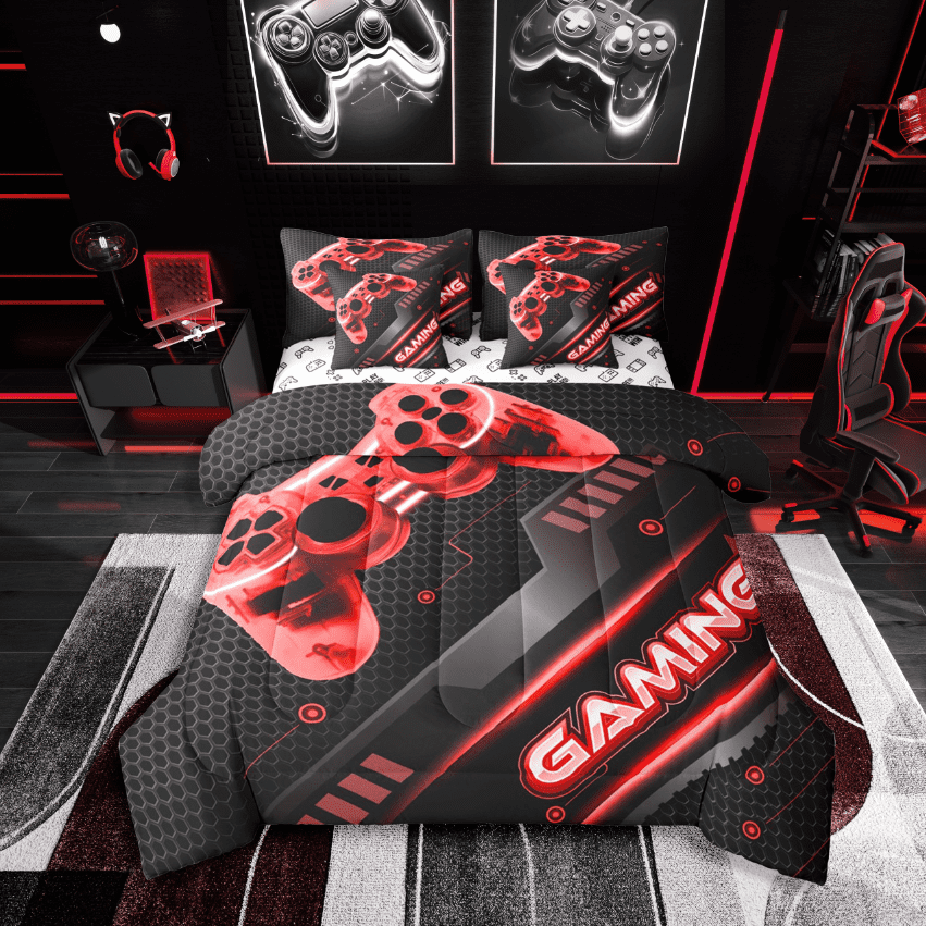 Manfei Video Game 7 Pieces Bedding Comforter Set,Black Red Full Bedding ...