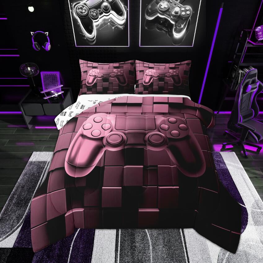 Manfei Video Game Gaming King Size Comforter Sets, Pink Gamer Bedding ...
