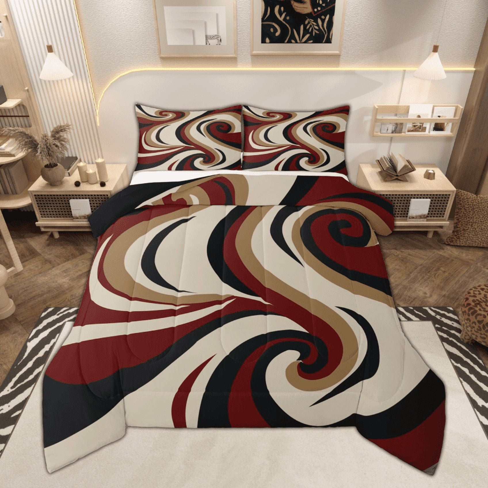 Manfei Vintage Abstract Art Queen Comforter Set, Red Black Brown Bedding Sets, Geometric Wave ...