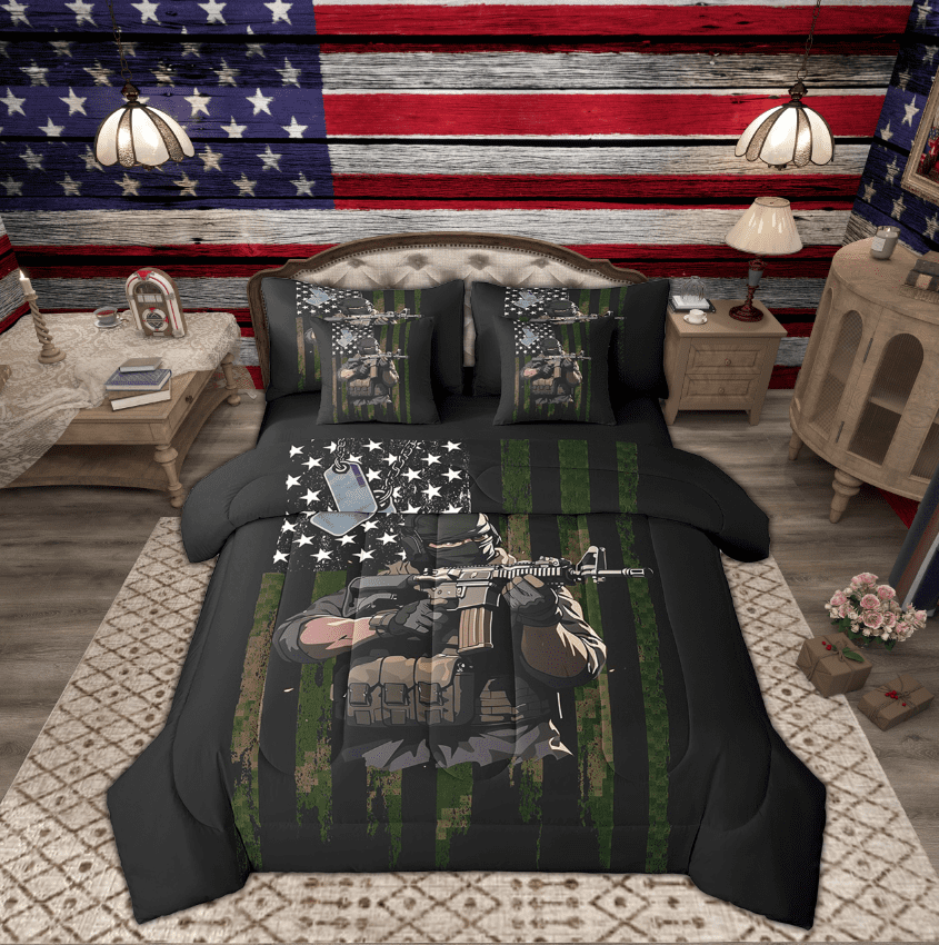 Manfei Vintage American Flag Bed in a Bag Twin size, Military Bedding ...