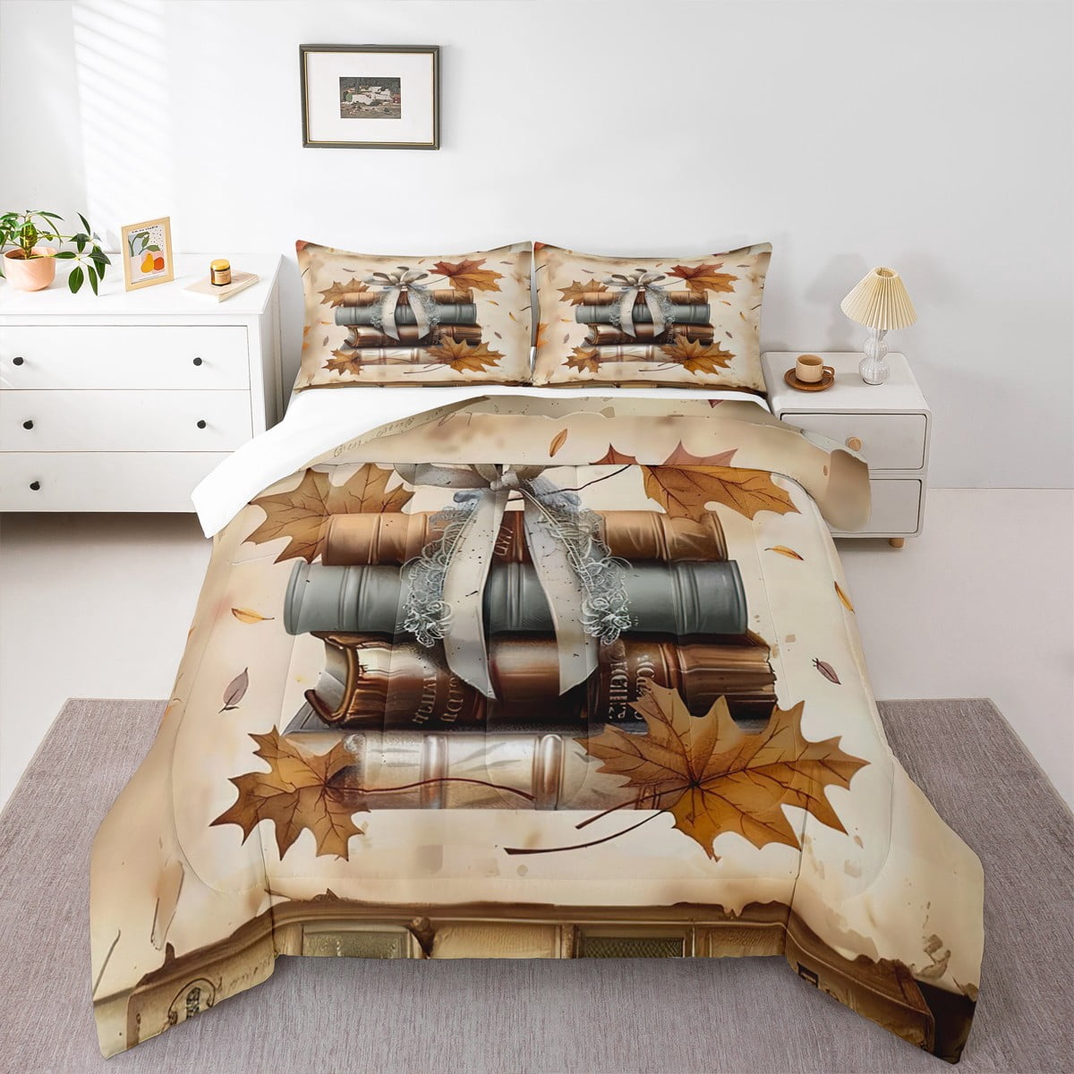 Manfei Vintage Books Bedding Full Comforter Set,Autumn Brown Maple Down ...