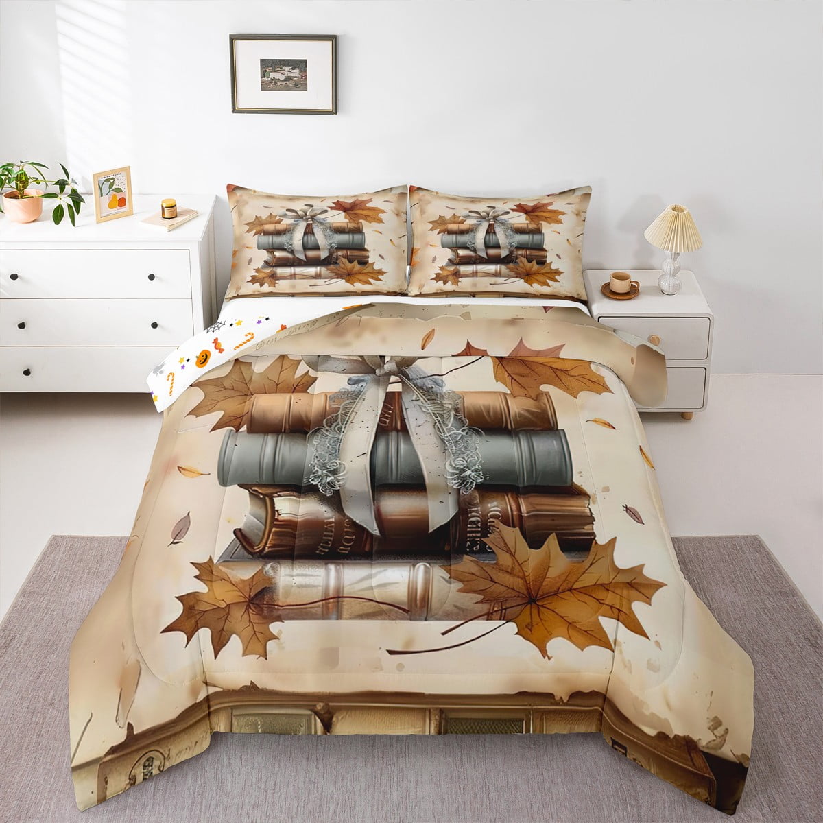 Manfei Vintage Bowknot Queen Comforter Set,Brown Maple Leaves Bedding ...