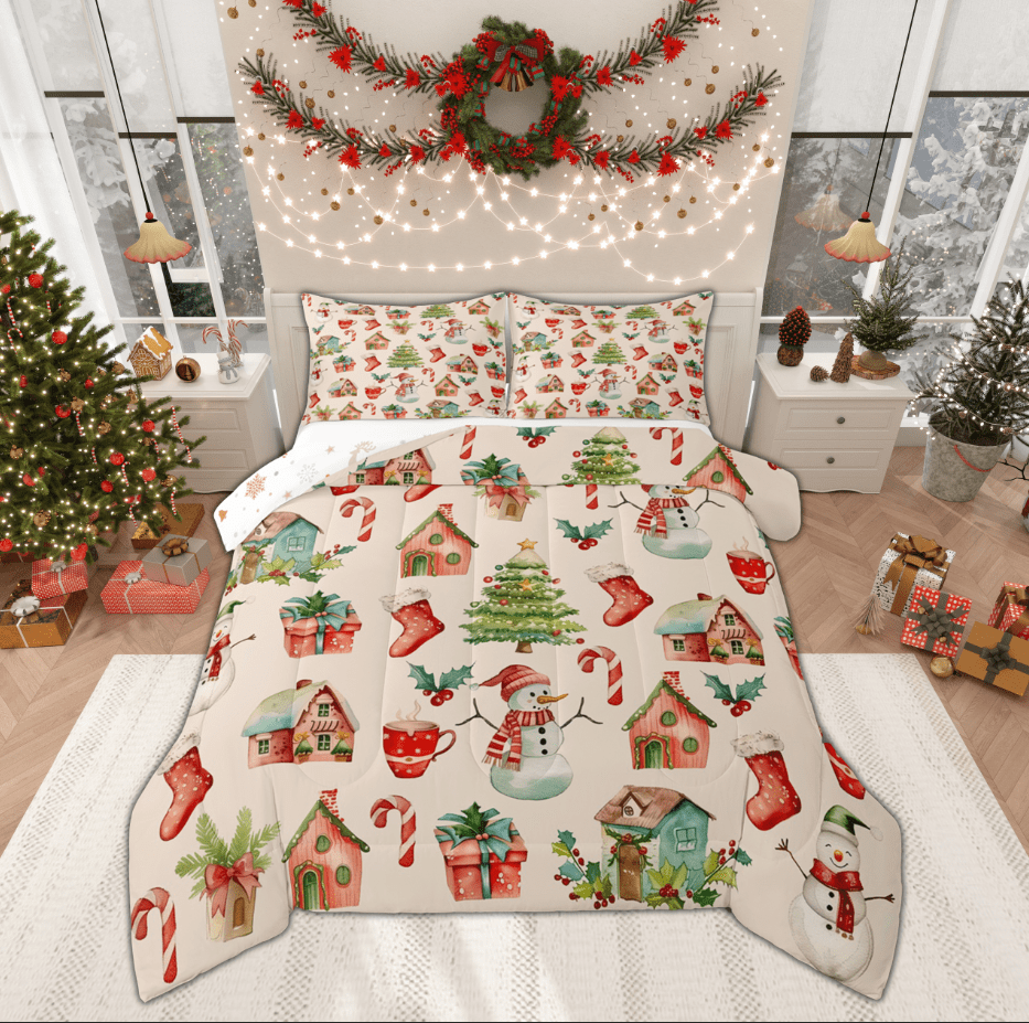 Manfei Vintage Cartoon Snowman Bedding Comforter Set, Christmas Rustic ...