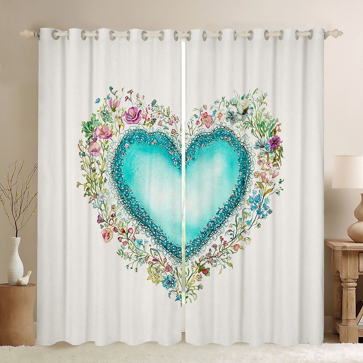 Manfei Vintage Cyan Love Heart Blackout Curtains Set of 2 (52x84 Each ...