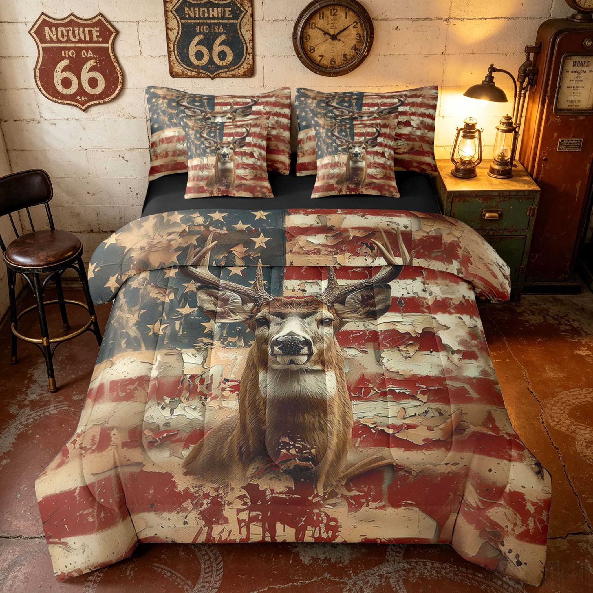 Manfei Vintage Deer US Flag Full Size Bedding Sets, Rustic Farmhouse ...