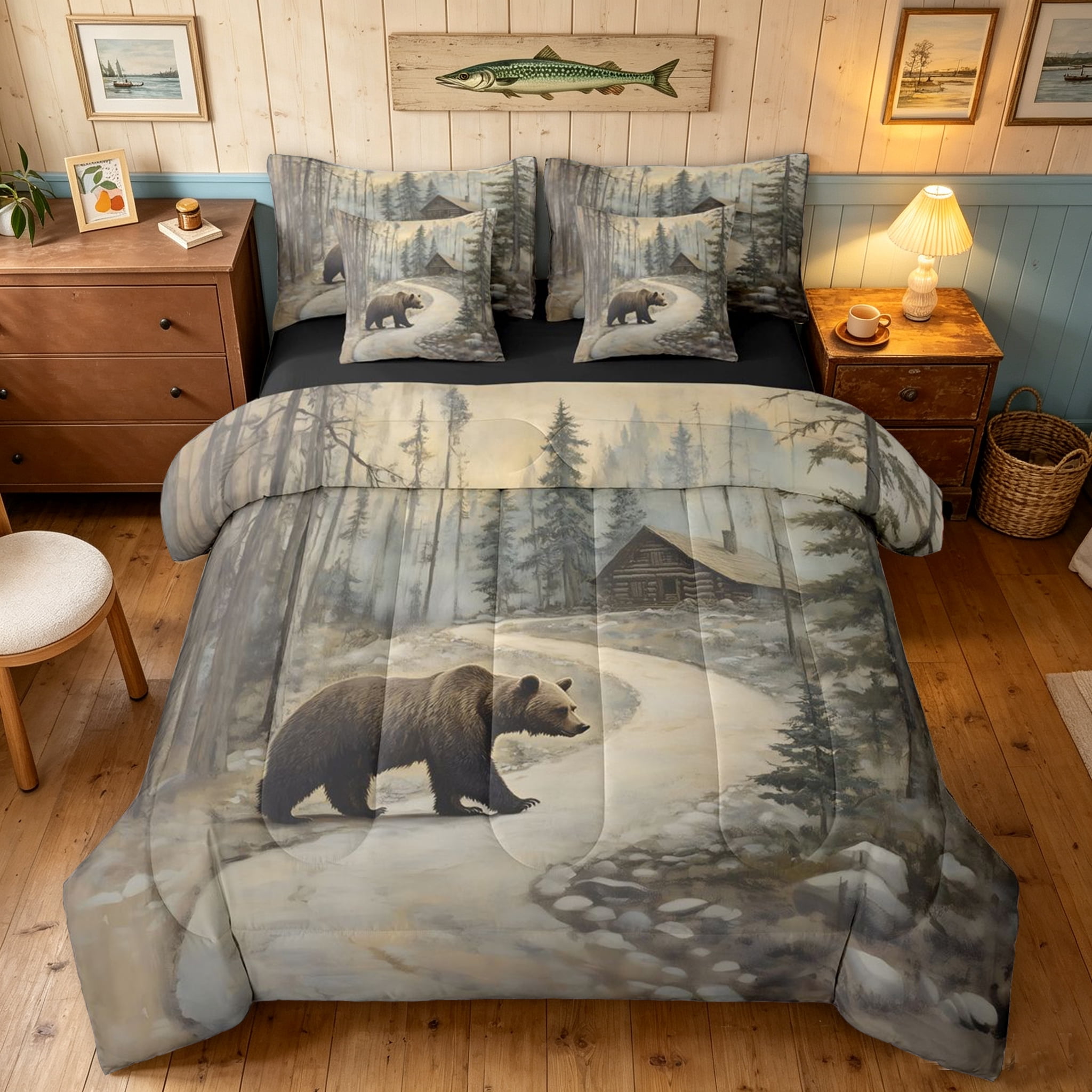 Manfei Vintage Farm Bear Queen Bedding, Woodland Cottage Bedding ...