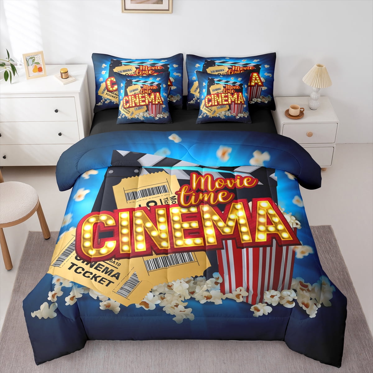 Manfei Vintage Film Twin Bedding Sets 7-Piece for Kids, Cinema Tricket ...