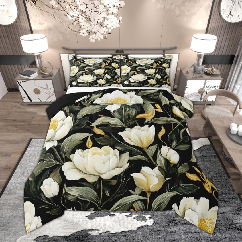 Manfei Vintage Flower King Size Comforter Sets, Peony Blossoms Bedding ...