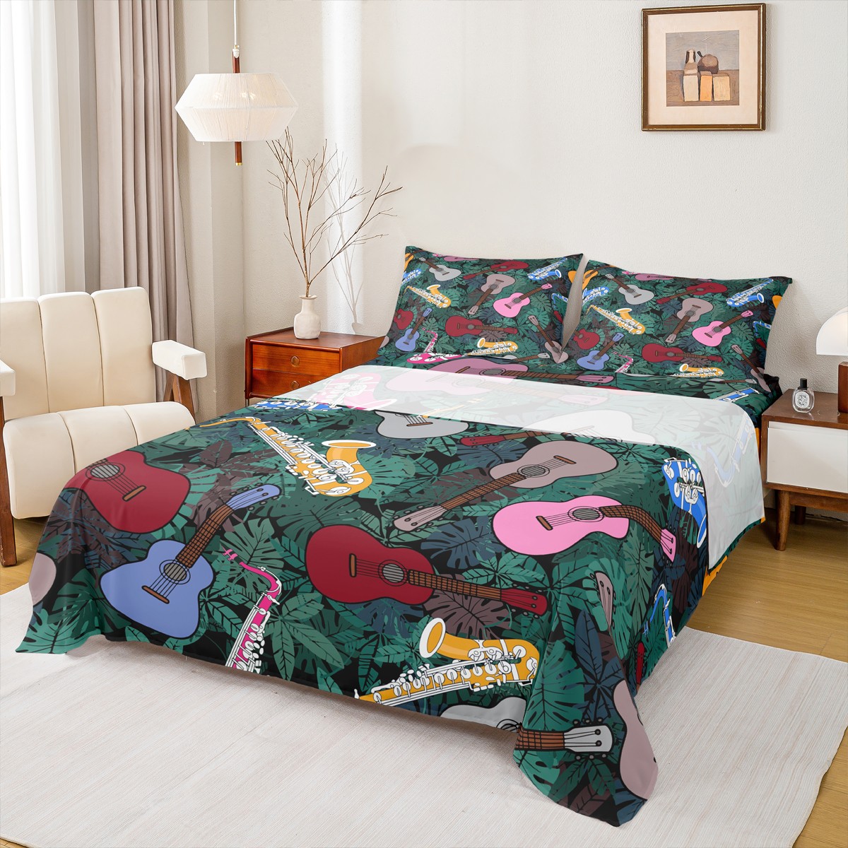 Manfei Vintage Guitar Music Bed Sheets for Kid, Green Palm Leaf King ...