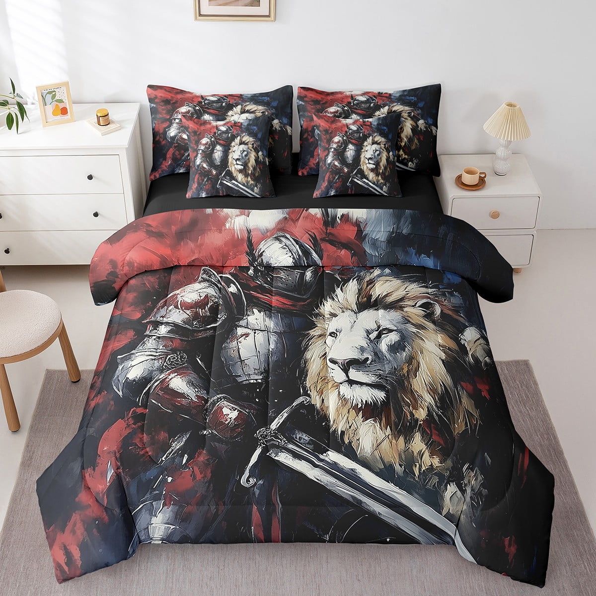 Manfei Vintage Knight Bedding Sets Full Size, Wildlife Lion Bed in a ...