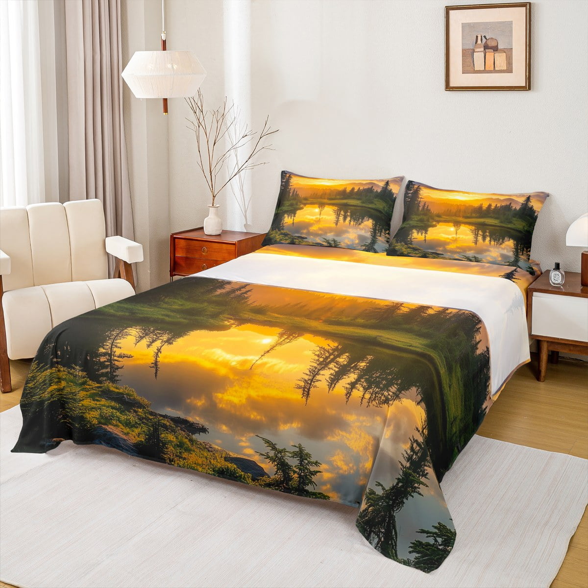Manfei Vintage Lake House Full Size Sheets 4-Piece, Countryside Sunset ...