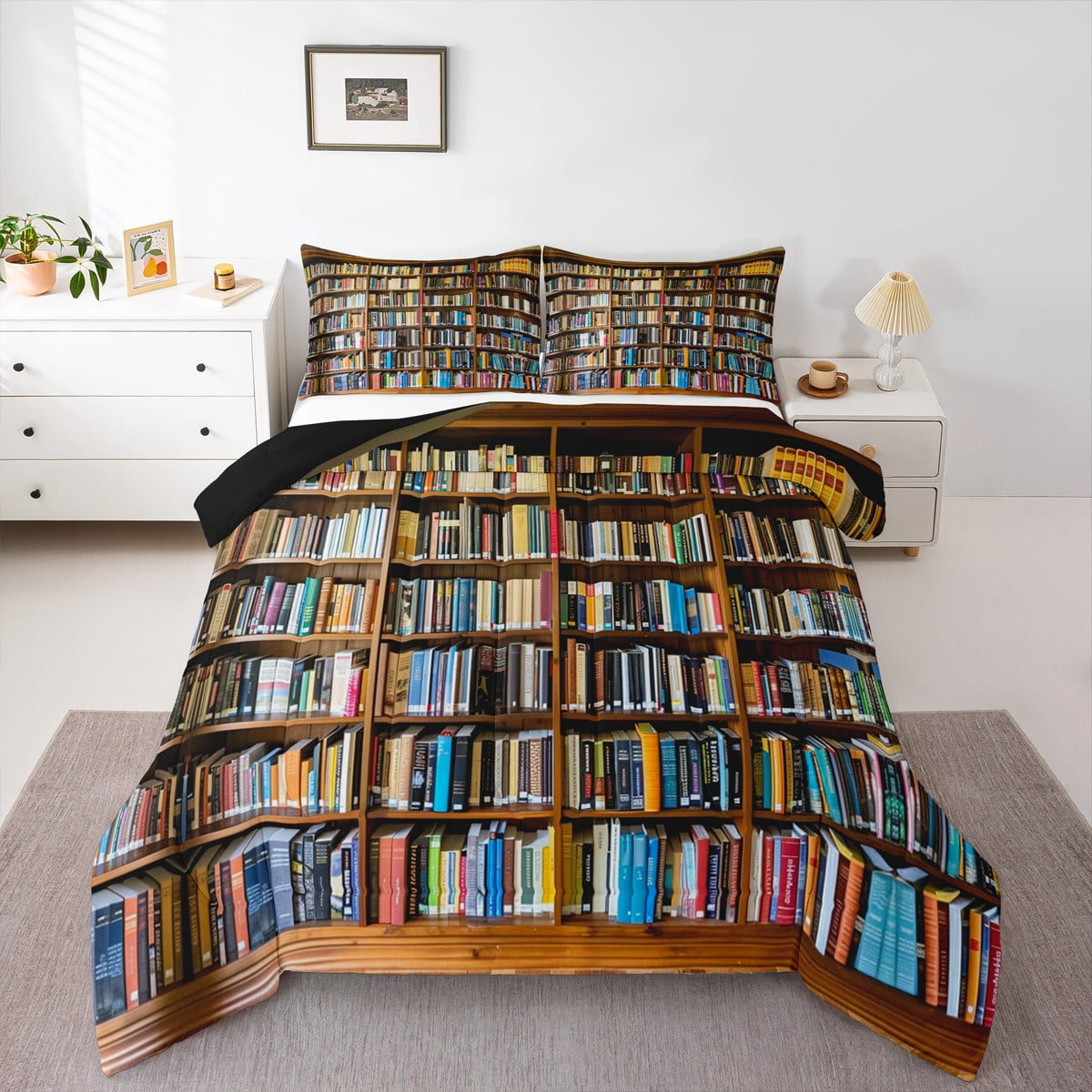 Manfei Vintage Library Bookshelf Queen Comforter Set,Books Bedding Sets ...