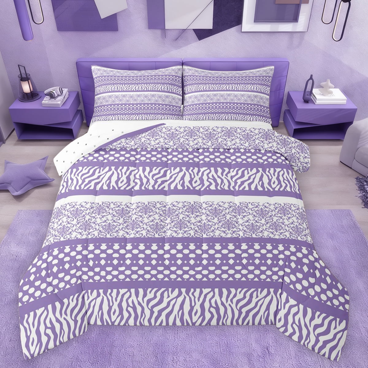 Manfei Vintage Mandala Damask Queen Comforter Set, Plum Zebra Print ...