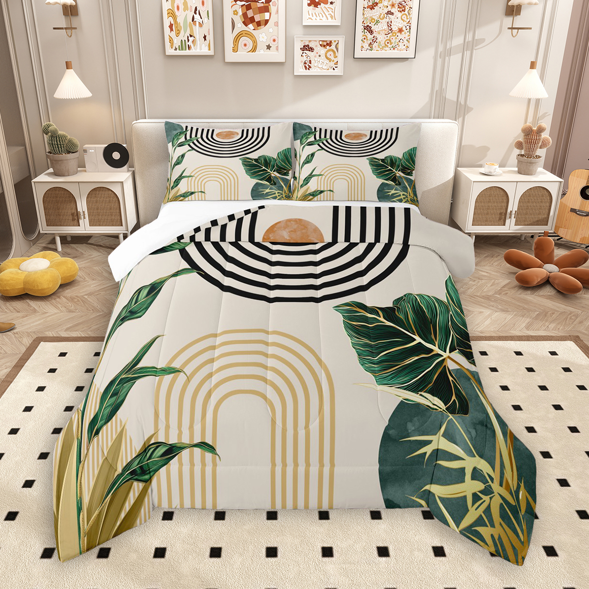 Manfei Vintage Minimalist Leaves Bedding Comforter Set 2pcs, Retro Mid ...