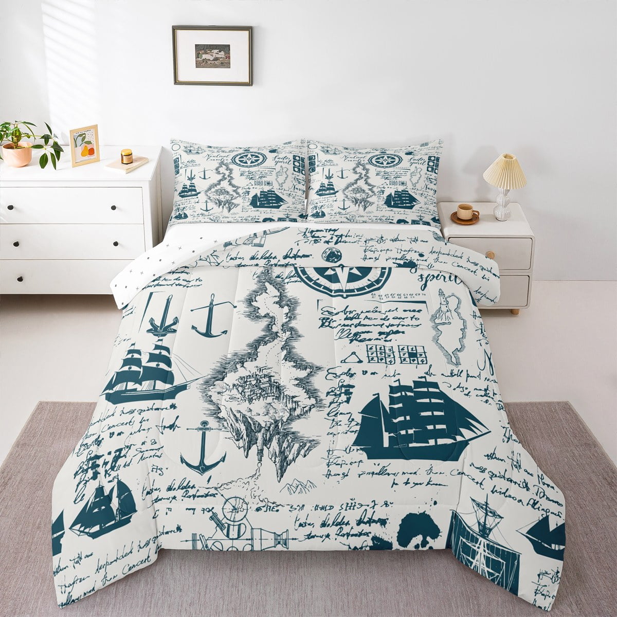 Manfei Vintage Nautical Bedding Comforter Set, Sailboat Compass Twin ...