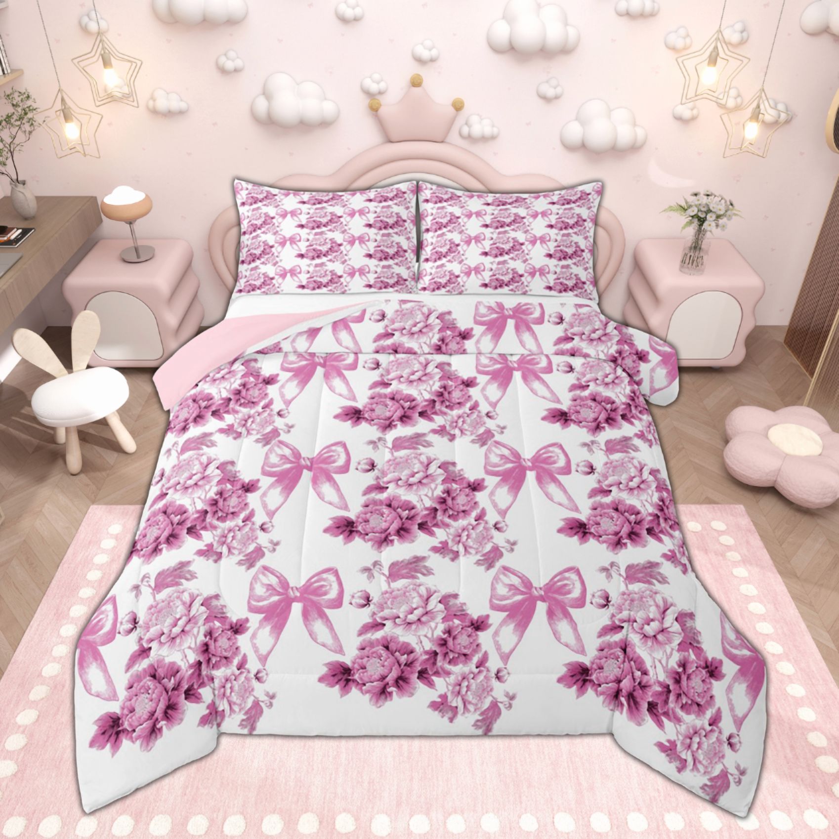 Manfei Vintage Peony Flower Queen Comforter Set for Girls, Pink Bow ...