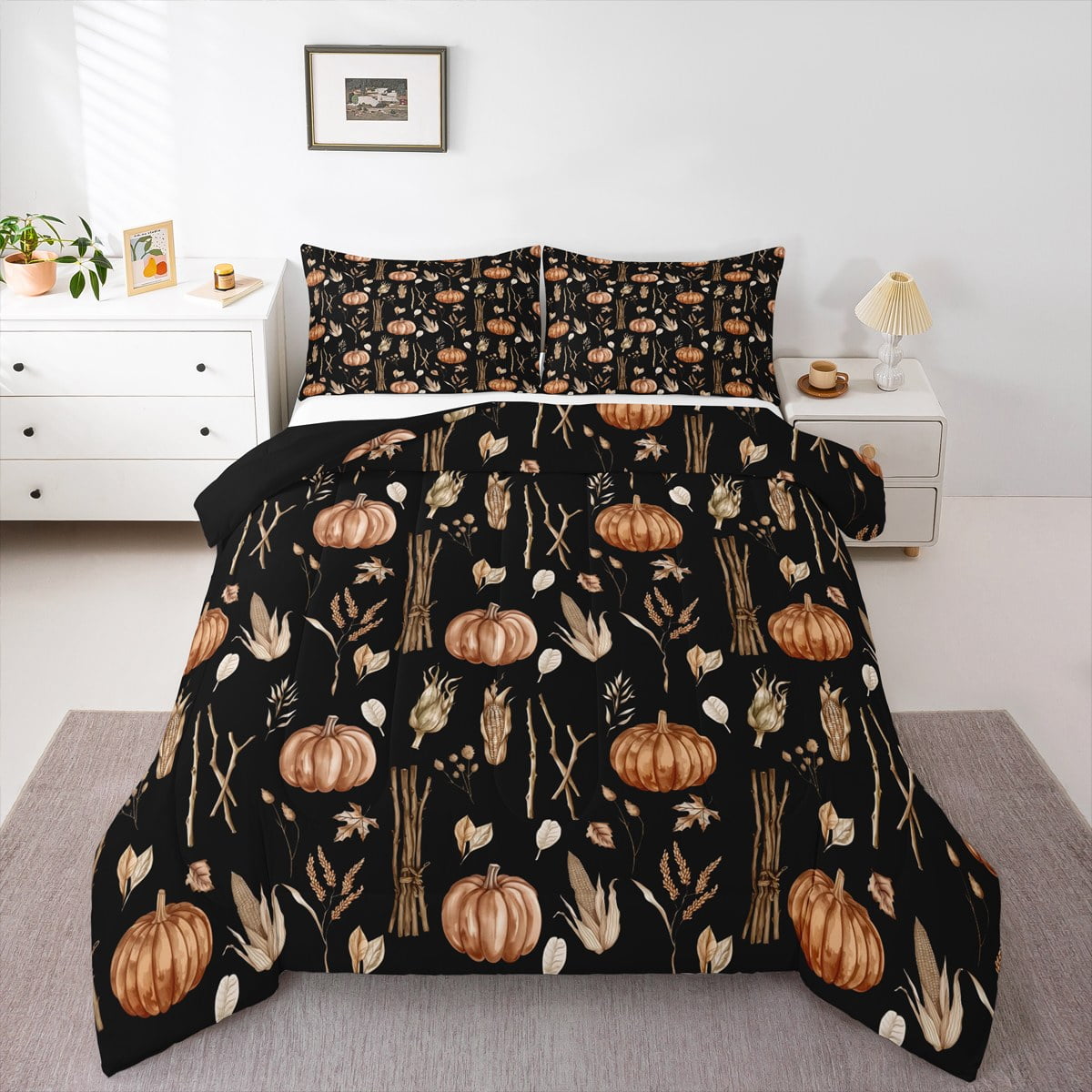 Manfei Vintage Pumpkin Child Queen Comforter Set, Autumn Leaf Plant ...