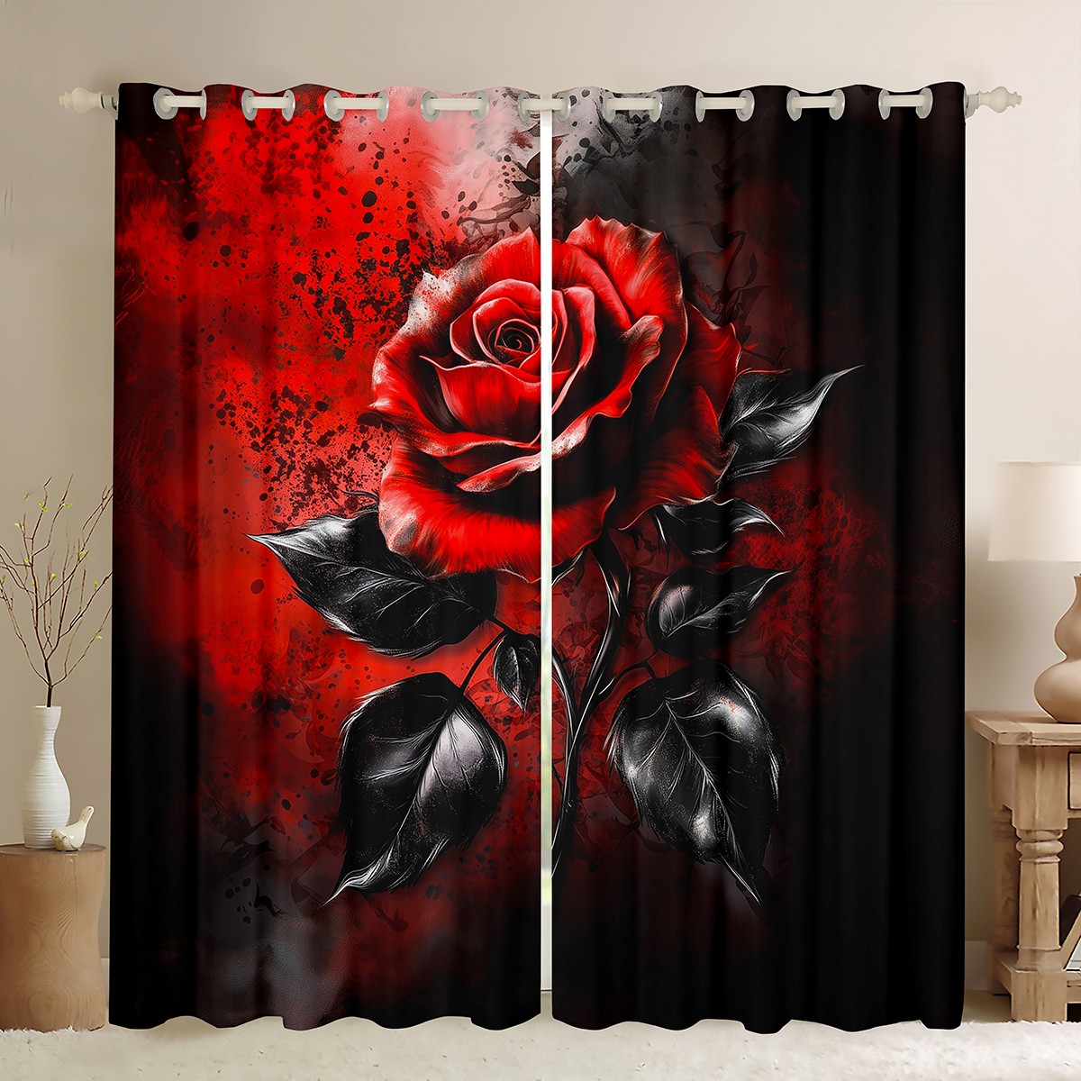 Manfei Vintage Red Rose Blackout Curtains Set of 2 (52x84 Each) for ...