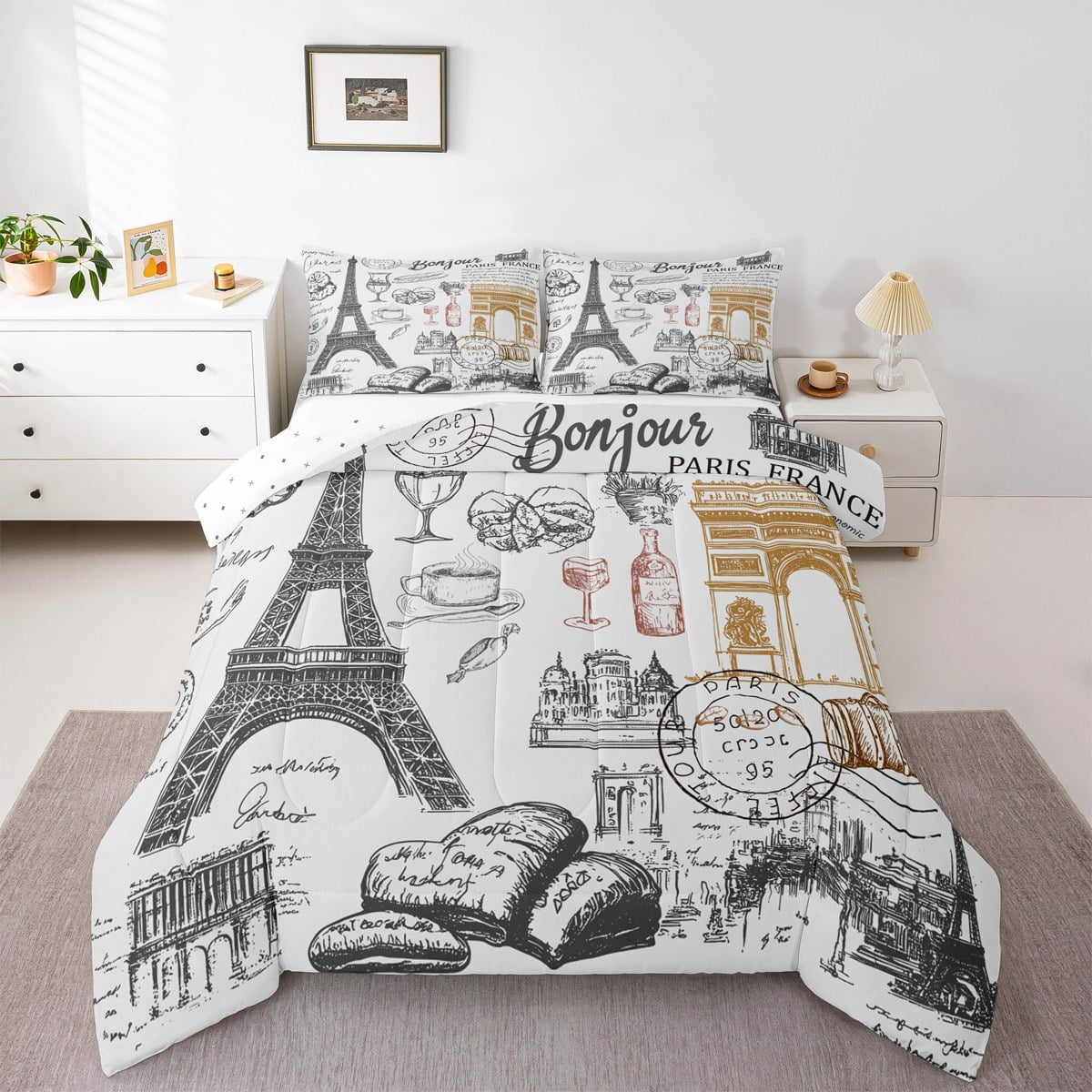 Manfei Vintage Romantic Queen Comforter Set, Eiffel Tower Bedding Sets, Paris Anniversary ...