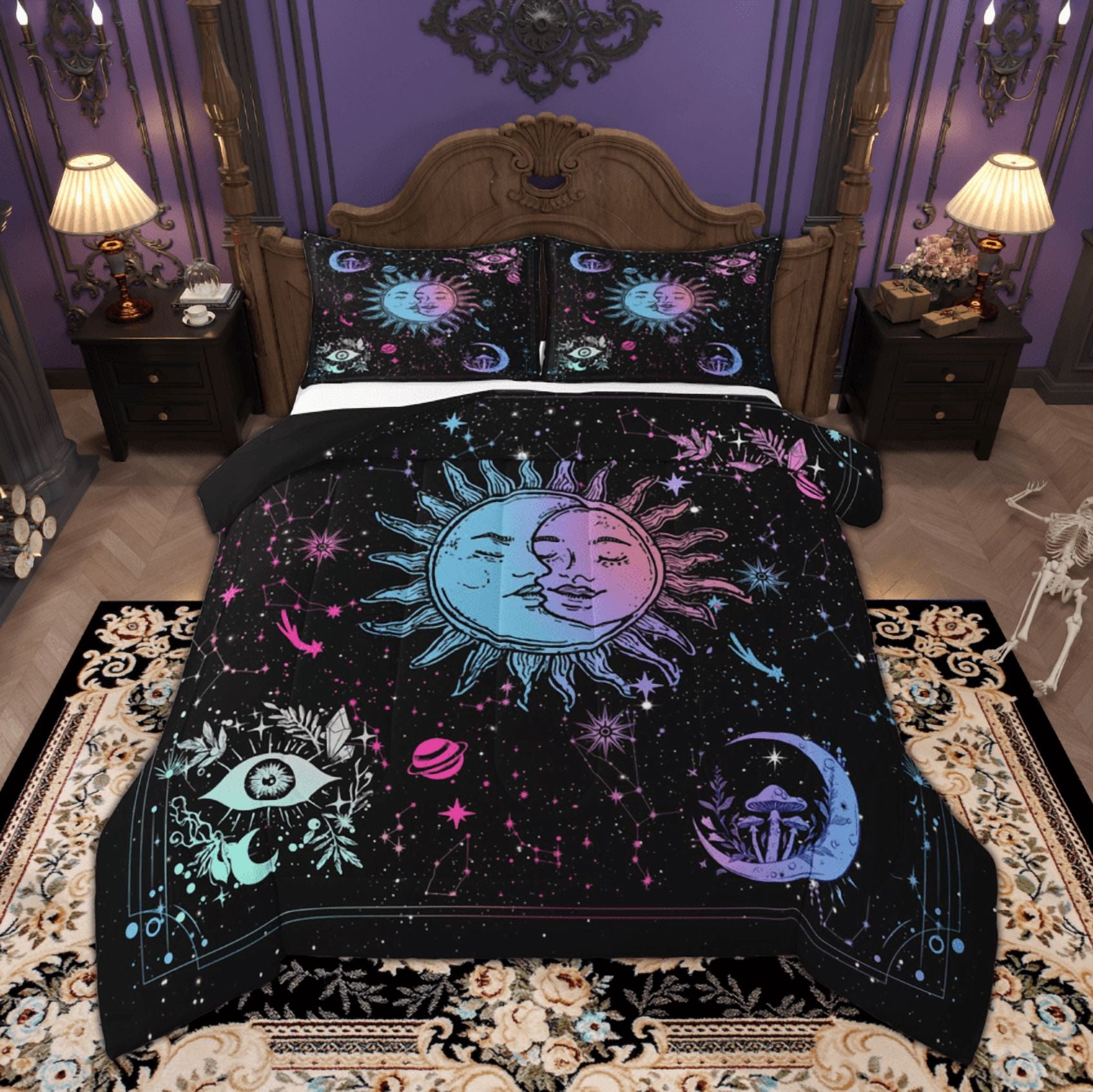 Manfei Vintage Sun Moon Star Bedding Comforter Set, Hippie Hamsa Eye ...