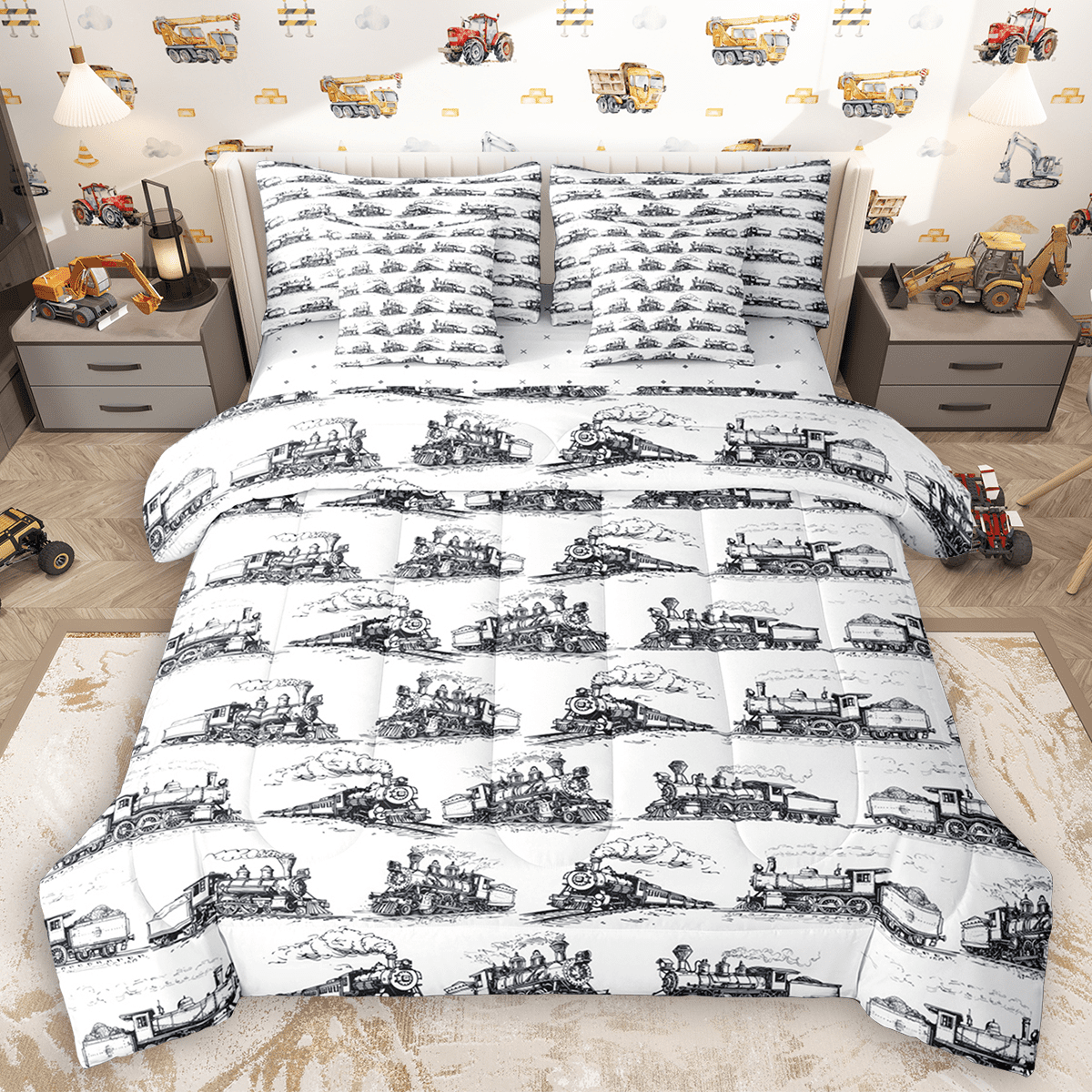 Manfei Vintage Train Bedding Comforter Set 7pcs, Retro Steam Engine ...