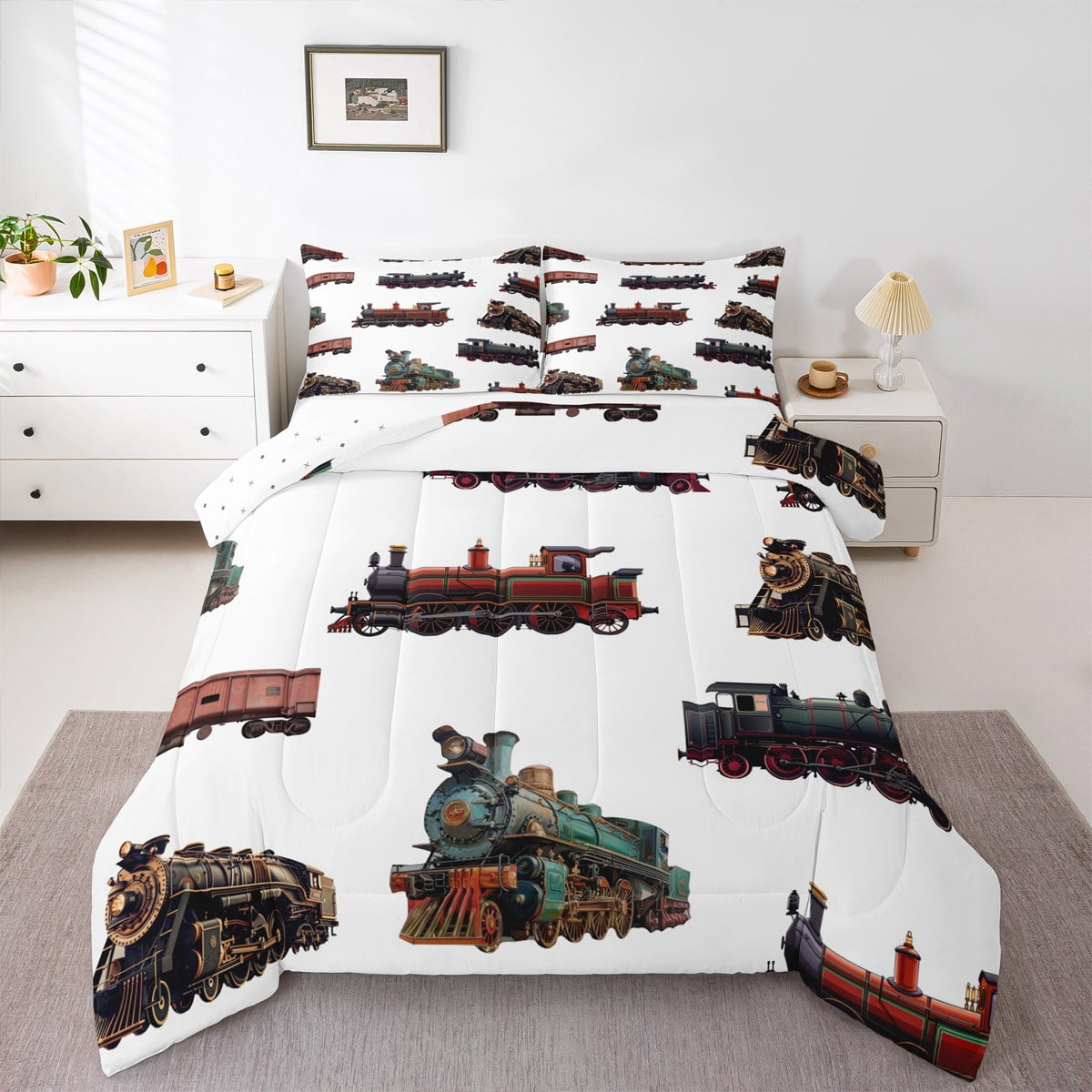 Manfei Vintage Train Queen Comforter Set,Retro Steam Engine Bedding ...